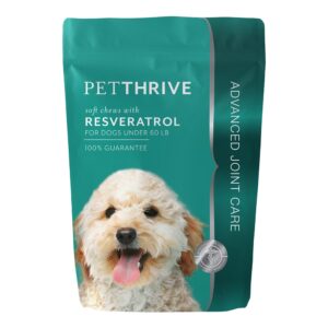 petthrive dog hip and joint support supplement soft chews with resveratrol, glucosamine, chondroitin, hyaluronic acid, bacon flavor, small breed