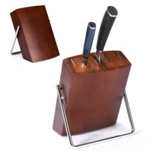 vdomus rubber wood knife block - 9x7x3-inch universal knife holder for kitchen counter - knife stand holder with non-slip pad - knives storage block with large capacity up to 12 knives - brown