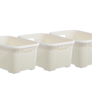 Plastic Laundry Basket Small Storage Hamper Basket, 3 Pack Cream Cloths Basket Organizer with Cut-Out Handles. Space Saving for Laundry Room Bedroom Bathroom, Knit Design 40 Liter.