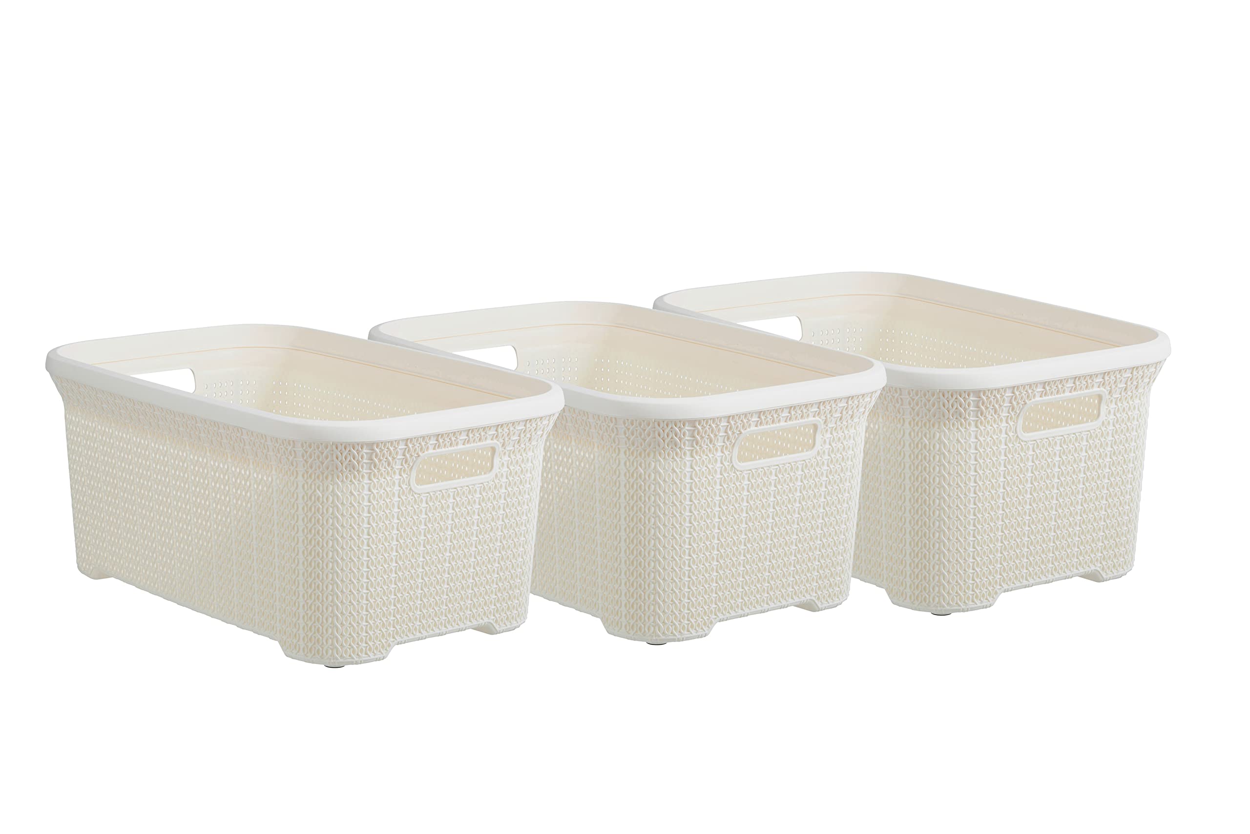 Plastic Laundry Basket Small Storage Hamper Basket, 3 Pack Cream Cloths Basket Organizer with Cut-Out Handles. Space Saving for Laundry Room Bedroom Bathroom, Knit Design 40 Liter.