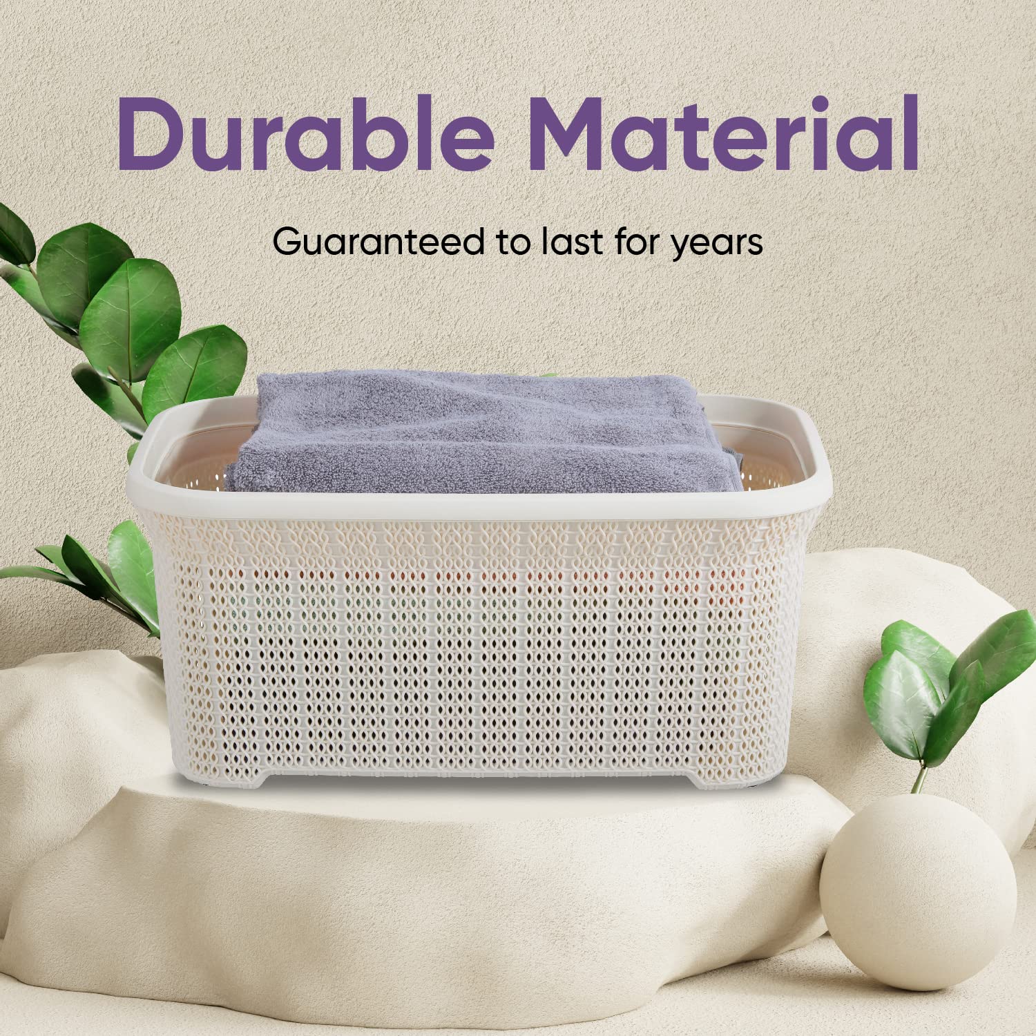 Plastic Laundry Basket Small Storage Hamper Basket, 3 Pack Cream Cloths Basket Organizer with Cut-Out Handles. Space Saving for Laundry Room Bedroom Bathroom, Knit Design 40 Liter.