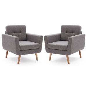 tbfit linen fabric accent chairs set of 2, mid century modern armchair for living room, bedroom button tufted upholstered comfy reading accent chair sofa(grey)