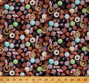 cotton chocolate goodies assorted candies candy desserts food favorite foods multicolor cotton fabric print by the yard (669multi)