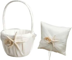 2pcs beach theme wedding supplies set starfish seashell design flower girl basket + ring bearer pillow for bridal wedding shower ceremony anniversary celebrations party decorations wedding accessories