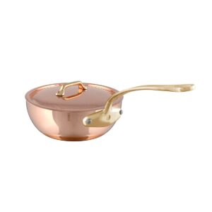 mauviel m'heritage 200 b 2mm polished copper & stainless steel splayed curved saute pan with lid, and brass handles, 2.1-qt, made in france