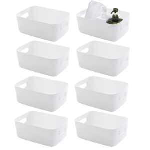 feoowv small plastic storage baskets, 8 pack, white, portable, stackable, multipurpose, bpa free, ideal for pantry, fridge, closet, bedroom, office