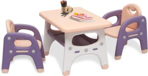 kintness kids table and 2 chair set - activity table with storage shelf for children, toddler table & chair set for kindergarten (pink + purple)