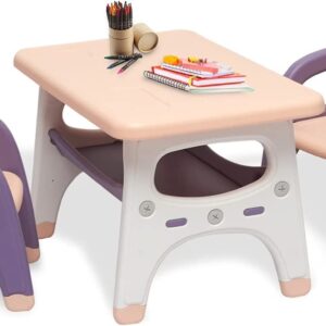 KINTNESS Kids Table and 2 Chair Set - Activity Table with Storage Shelf for Children, Toddler Table & Chair Set for Kindergarten (Pink + Purple)