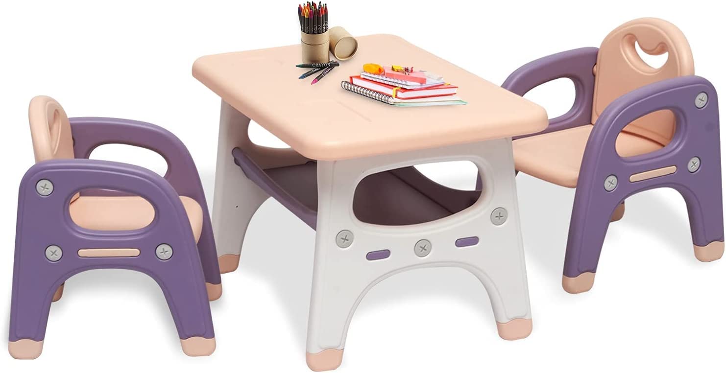 KINTNESS Kids Table and 2 Chair Set - Activity Table with Storage Shelf for Children, Toddler Table & Chair Set for Kindergarten (Pink + Purple)