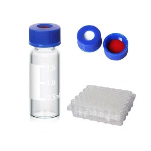 2ml hplc vial, 9-425 borosilicate autosamper vial with graduation, clear sample vial and 9mm blue screw cap with hole, red ptfe&white silicone septa, pack of 100