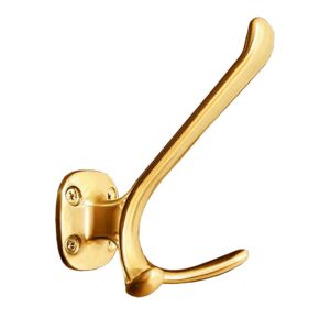 big heavy duty three prongs coat hooks wall mounted with 8 screws (two types of screws included) retro double utility rustic hooks for thick coat, big heavy bags (brushed brass)