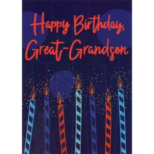 designer greetings tall colorful candles with orange flames on dark background birthday card for great grandson