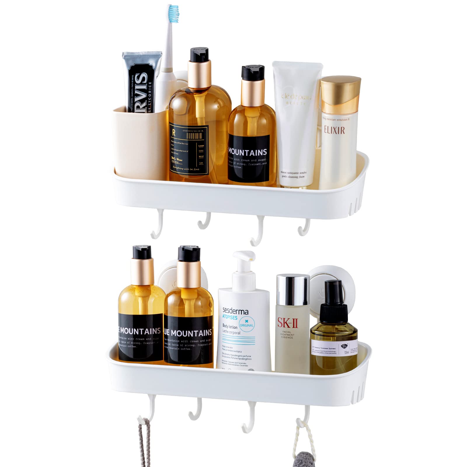 TAILI Suction Shower Caddy With 4 Hooks 2 Packs, Bathroom Shower Basket Wall Mounted Shower Organizer for Shampoo, Body Wash,Conditioner, Plastic Shower Rack for Kitchen & Bathroom