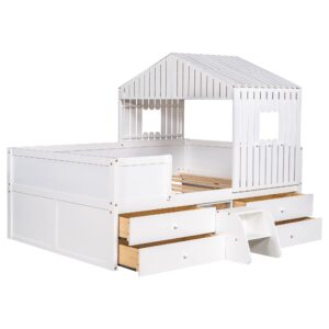 House Low Loft Bed with Trundle and Full-Length Guardrails,Wooden Bed Frame with with A Roof and Window for Bedroom (White with 4 Drawers, Full)