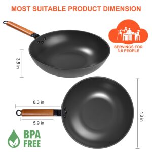 Wok Pan with Lid - 13" Nonstick Wok, Carbon Steel Woks & Stir-Fry Pans with Cookwares, Flat Bottom Chinese wok for Electric, Induction and Gas Stoves