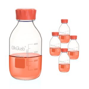 okulab 4pcs of 500ml(17oz) round media storage bottles, 3.3 borosilicate glass, with gl45 screw caps in pp materia, gl45rb500a4