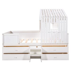 House Low Loft Bed with Trundle and Full-Length Guardrails,Wooden Bed Frame with with A Roof and Window for Bedroom (White with 4 Drawers, Full)