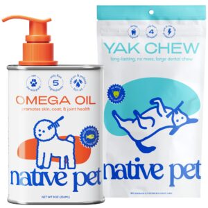 native pet omega oil for dogs - dog fish oil supplements & yak chews for dogs | pasture-raised and organic yak cheese himalayan churpi chews | 8 oz. & 3 large yak chews