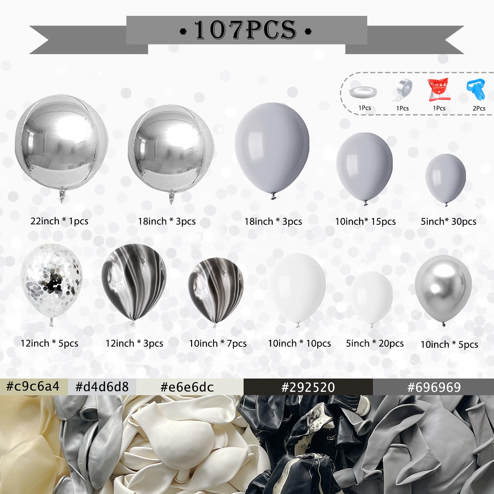 Silver White and Grey Balloon Arch Kit - 107Pcs Metallic Silver Latex Balloons Garland with 4D Silver Mylar Balloons - Ideal for Wedding Bridal Shower Engagement Birthday Party Decorations Supplies