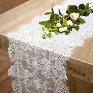 4 pcs white lace table runners 14 x 120 inch for wedding bridal shower baby shower party table decoration, rustic rose embroidered boho table runner