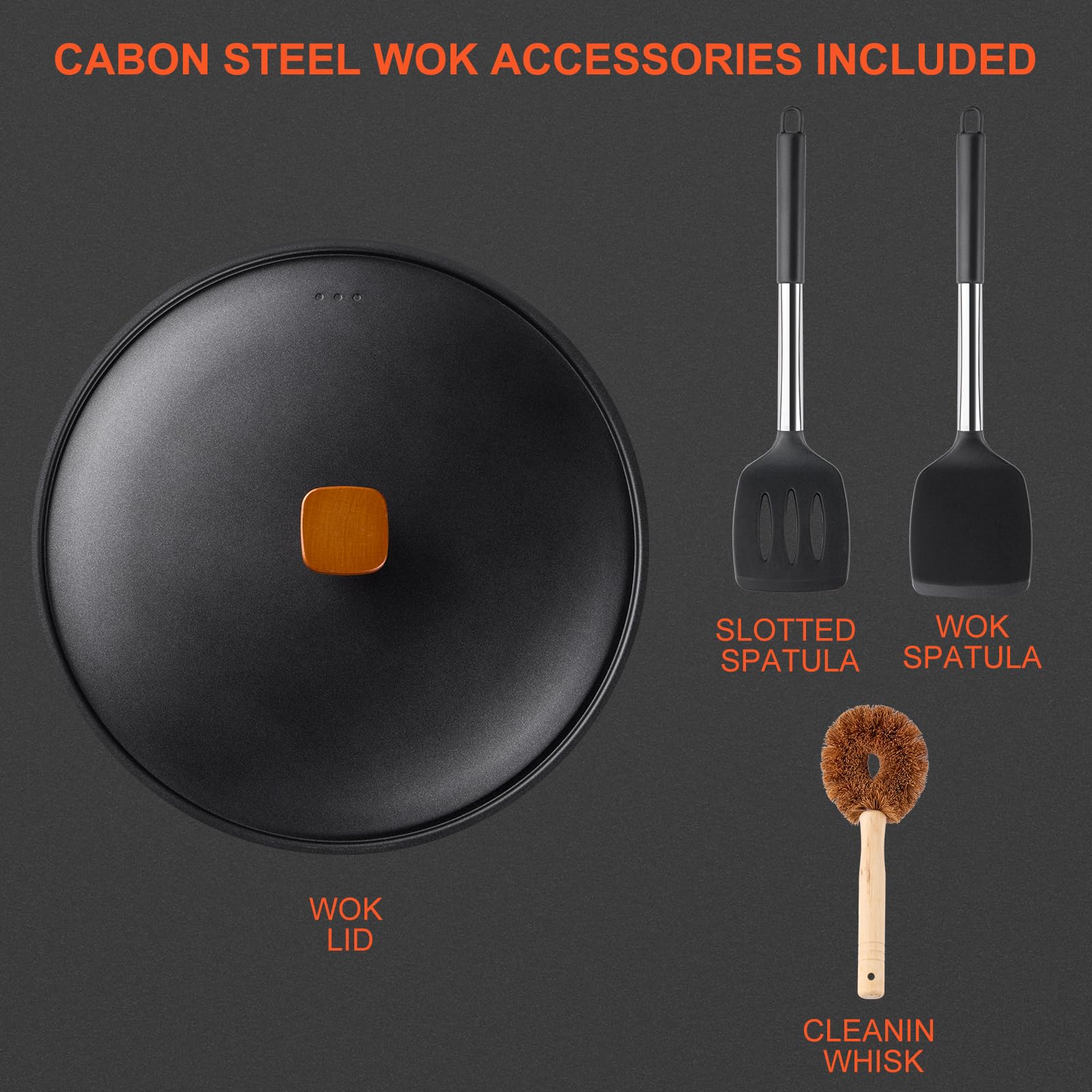 Wok Pan with Lid - 13" Nonstick Wok, Carbon Steel Woks & Stir-Fry Pans with Cookwares, Flat Bottom Chinese wok for Electric, Induction and Gas Stoves