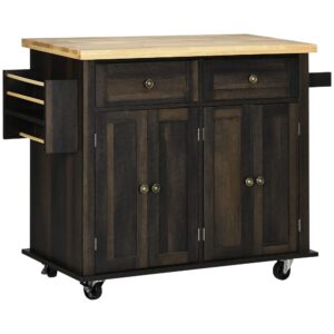 homcom kitchen island on wheels, rolling cart with rubberwood top, spice rack, towel rack and drawers for dining room, brown oak