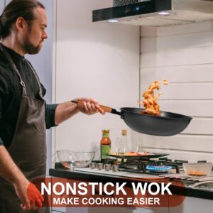 Wok Pan with Lid - 13" Nonstick Wok, Carbon Steel Woks & Stir-Fry Pans with Cookwares, Flat Bottom Chinese wok for Electric, Induction and Gas Stoves