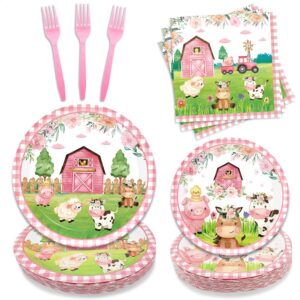 96pcs farm animals party supplies tableware set farm birthday party barn animal theme party cute pink animal baby shower dessert plate dinner plate paper napkins forks dinnerware for 24 guests