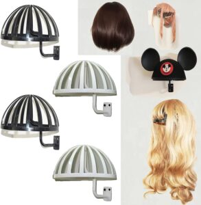 pmsanzay 4 pack wall mount hanging wig stand, wig drying holders, plastic wigs and hats/cap rack styling drying display hangers, hold the shape of the wig and are easy to mount. (2 black+2 white)