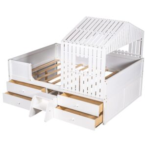 House Low Loft Bed with Trundle and Full-Length Guardrails,Wooden Bed Frame with with A Roof and Window for Bedroom (White with 4 Drawers, Full)