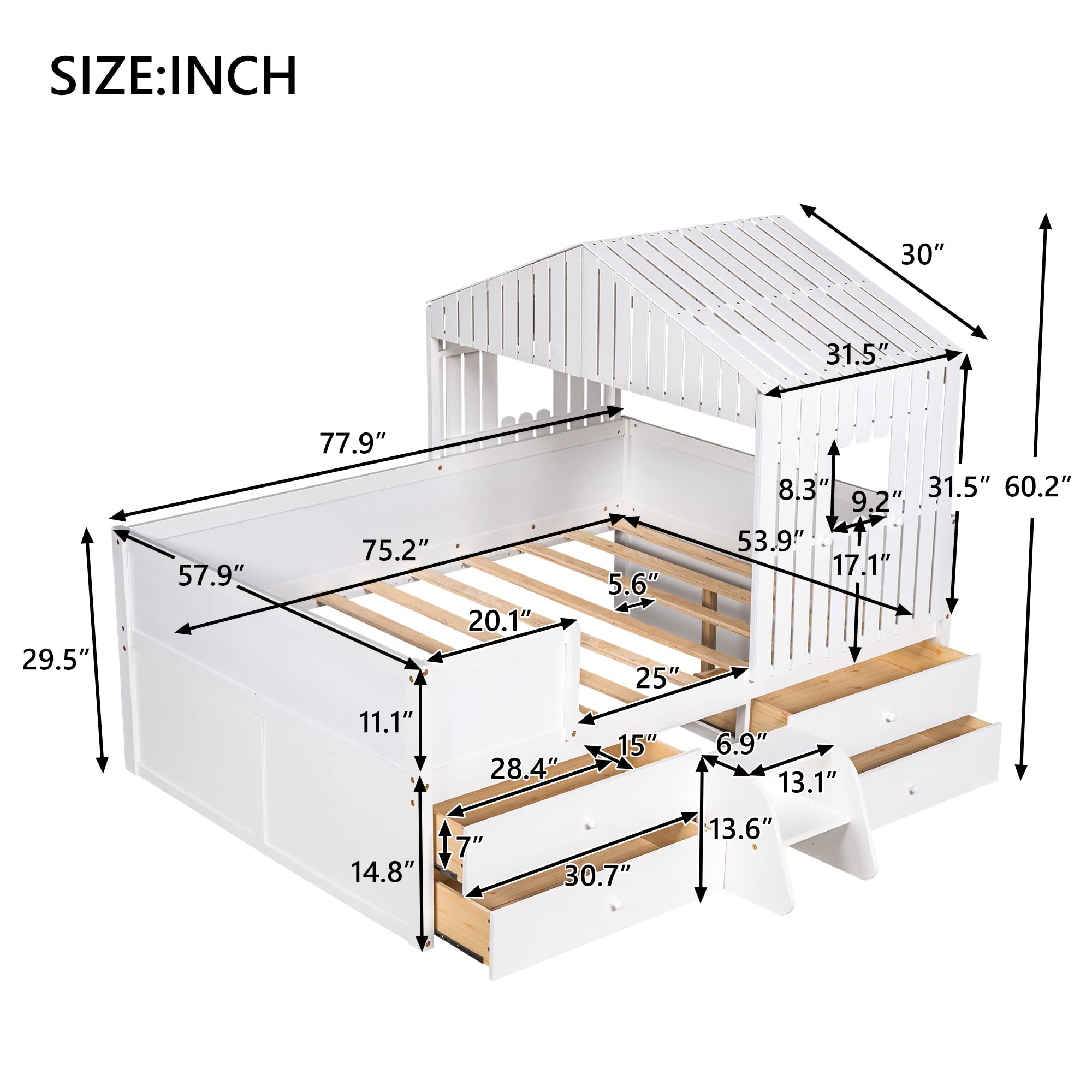 House Low Loft Bed with Trundle and Full-Length Guardrails,Wooden Bed Frame with with A Roof and Window for Bedroom (White with 4 Drawers, Full)