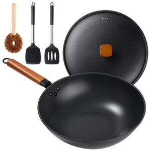 wok pan with lid - 13" nonstick wok, carbon steel woks & stir-fry pans with cookwares, flat bottom chinese wok for electric, induction and gas stoves