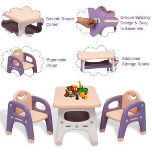 KINTNESS Kids Table and 2 Chair Set - Activity Table with Storage Shelf for Children, Toddler Table & Chair Set for Kindergarten (Pink + Purple)