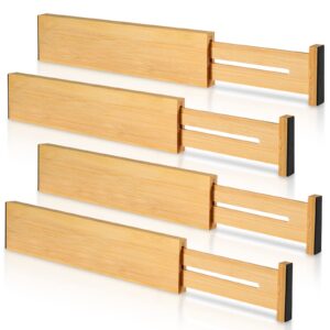 4 pack bamboo drawer dividers, adjustable length from 12 inch to 17 inch, expandable kitchen drawer organizer, drawer organization separators for clothes, kitchen, bedroom, dresser, office (beige)