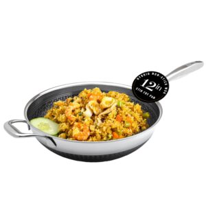 livwell diamondclad 12-inch nonstick hybrid wok stir fry pan - home and kitchen gift - stainless steel wok - dishwasher and oven safe - honeycomb wok - pfoa-free - honeycomb cookware - silver/black