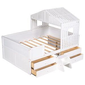 House Low Loft Bed with Trundle and Full-Length Guardrails,Wooden Bed Frame with with A Roof and Window for Bedroom (White with 4 Drawers, Full)