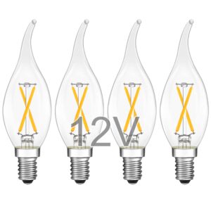 12v e12 led candelabra light bulbs - soft warm 2700k 2w (only for 12 volt dc/ac)- small candle base - 25w equivalent low voltage flame tip led bulb for rv, backyard shed - 4 pack