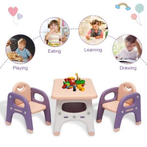 KINTNESS Kids Table and 2 Chair Set - Activity Table with Storage Shelf for Children, Toddler Table & Chair Set for Kindergarten (Pink + Purple)