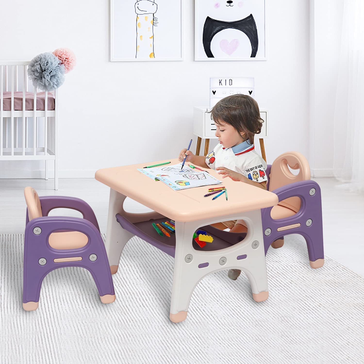 KINTNESS Kids Table and 2 Chair Set - Activity Table with Storage Shelf for Children, Toddler Table & Chair Set for Kindergarten (Pink + Purple)