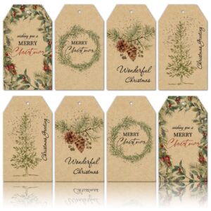 whaline 120pcs christmas plants gift tags vintage kraft paper gift tags with 98.4ft hemp rope watercolor plant merry christmas seasonal wishes xmas favor hanging tags for christmas party gift wrapping