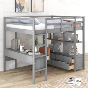 bellemave full loft bed with desk and storage drawers wood beds frame bookcase shelves for dorm bedroom size bunk kids adults boys girls teens, gray