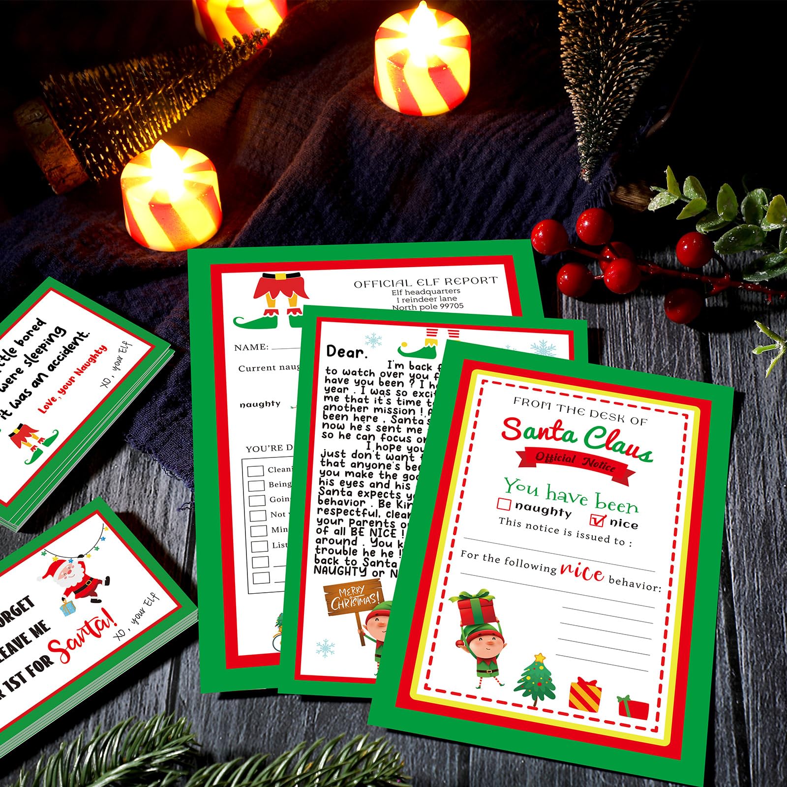 52 Pcs Elf Notes and 2 Elves Notice Naughty or Nice Behavior Checklist Stationary Paper 3 Elf Bonus Letter and Elf Reports Set Elf Christmas Note Cards for Christmas Student Kid Preschool (Classic)