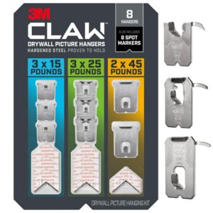 3m claw 15, 25 and 45 lb. drywall picture hanger variety pack with spot markers, heavyweight hanging solution for room decor and office decor, including mirrors or large art – 8 pack