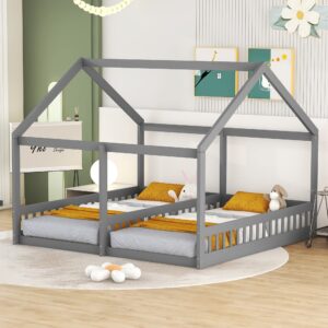 twin house bed for 2 kids wood double floor beds frame with fence railings two shared beds for boys girls teens, twin size, gray