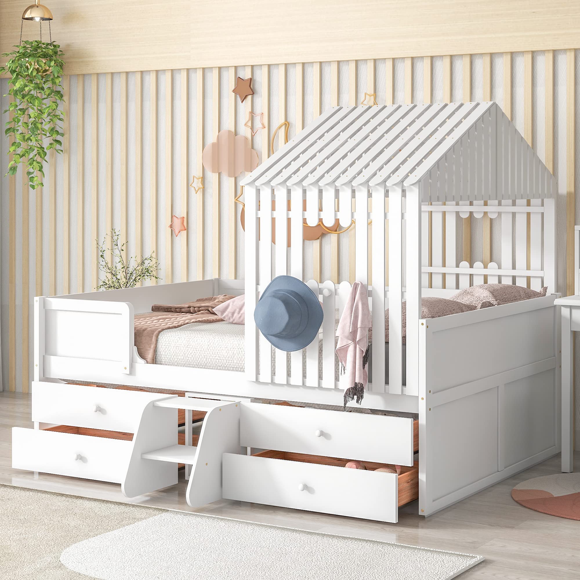 House Low Loft Bed with Trundle and Full-Length Guardrails,Wooden Bed Frame with with A Roof and Window for Bedroom (White with 4 Drawers, Full)