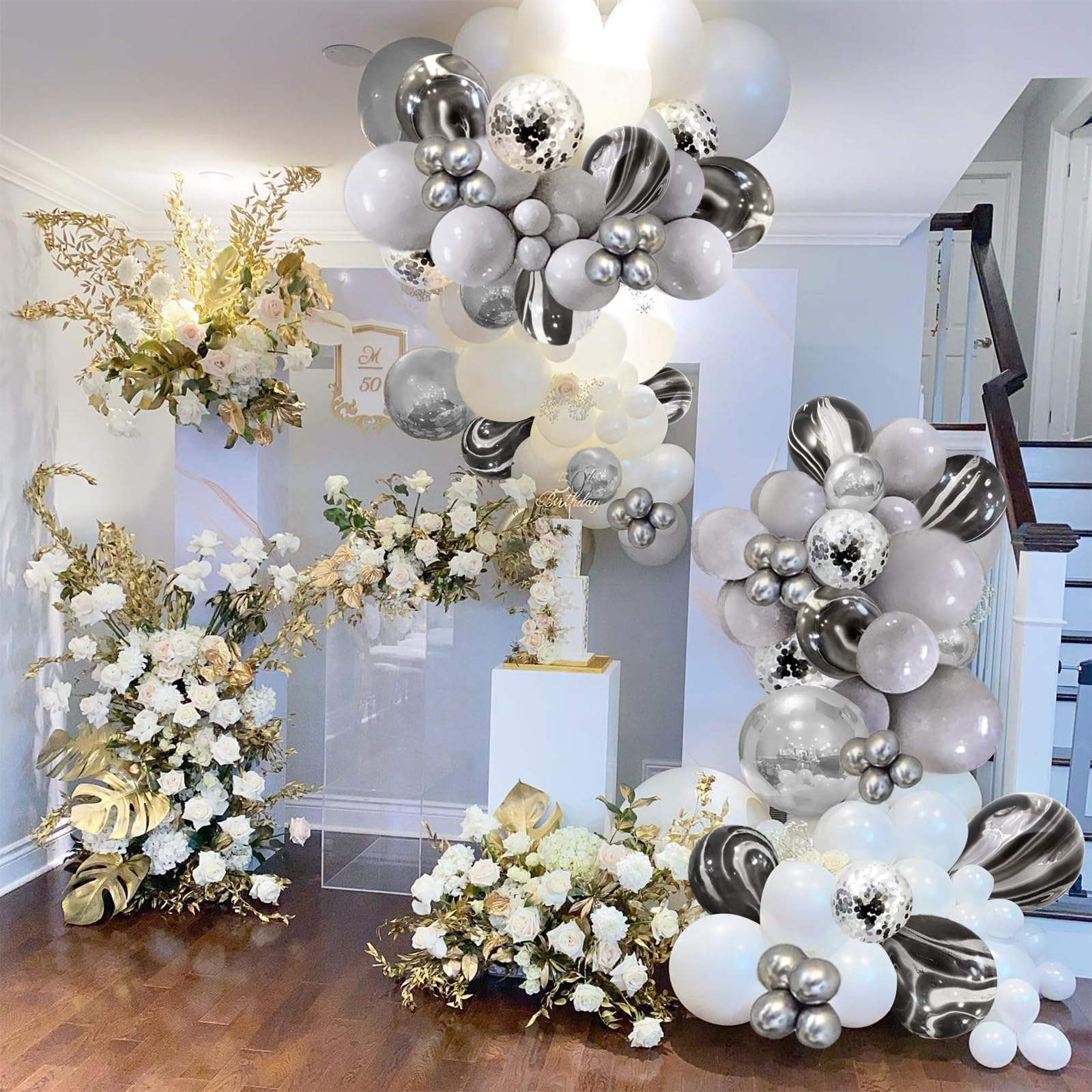 Silver White and Grey Balloon Arch Kit - 107Pcs Metallic Silver Latex Balloons Garland with 4D Silver Mylar Balloons - Ideal for Wedding Bridal Shower Engagement Birthday Party Decorations Supplies