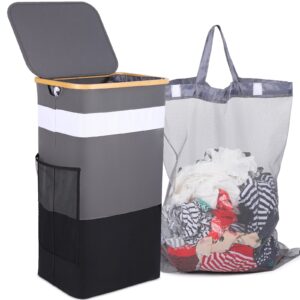 laundry hamper with lid large clothes basket with bamboo handles and removable bag tall foldable laundry basket for bedroom, bathroom, dorm, laundry room(100l)