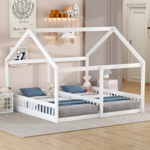 twin house bed for 2 kids wood double floor beds frame with fence railings two shared beds for boys girls teens, twin size, white