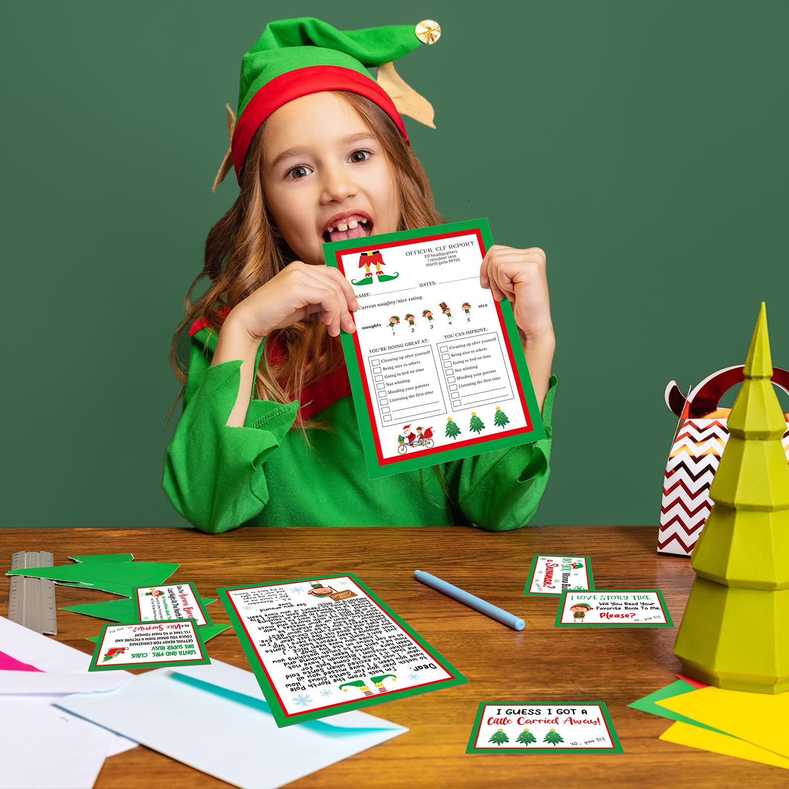 52 Pcs Elf Notes and 2 Elves Notice Naughty or Nice Behavior Checklist Stationary Paper 3 Elf Bonus Letter and Elf Reports Set Elf Christmas Note Cards for Christmas Student Kid Preschool (Classic)