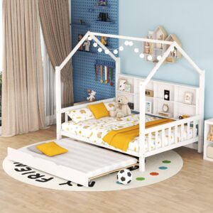 harper & bright designs full size house bed with trundle, wood full house bed frame with shelf compartment, full house bed for kids with roof for girls, boys,no box spring needed, white